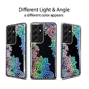 Coolwee Clear Glitter for Galaxy S21 Ultra Case Thin Flower Slim Cute Crystal Lace Bling Women Girl Floral Plastic Hard Back Soft TPU Bumper Protective Cover for Samsung Galaxy S21 Ultra Mandala Henna