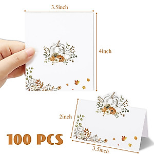 Whaline 100Pcs Fall Place Cards 3.5 x 2 Inch Pumpkin Leaves Tented Cards Autumn Seating Cards for Thanksgiving Party Table Setting Supplies