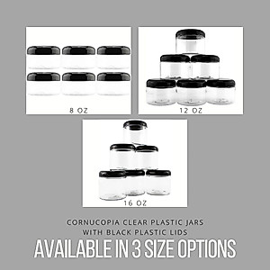 Cornucopia 12 Ounce Clear Plastic Jars w/Black Plastic Lids (6 pack); BPA Free PET Stackable Canisters for Bathroom & Kitchen Storage