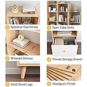 IOTXY Open Shelf Cube Bookcase - 71" Tall Mid-Century Large Bookshelf with Drawer and Deepen Display Storage Cabinet for Home Office, Oak