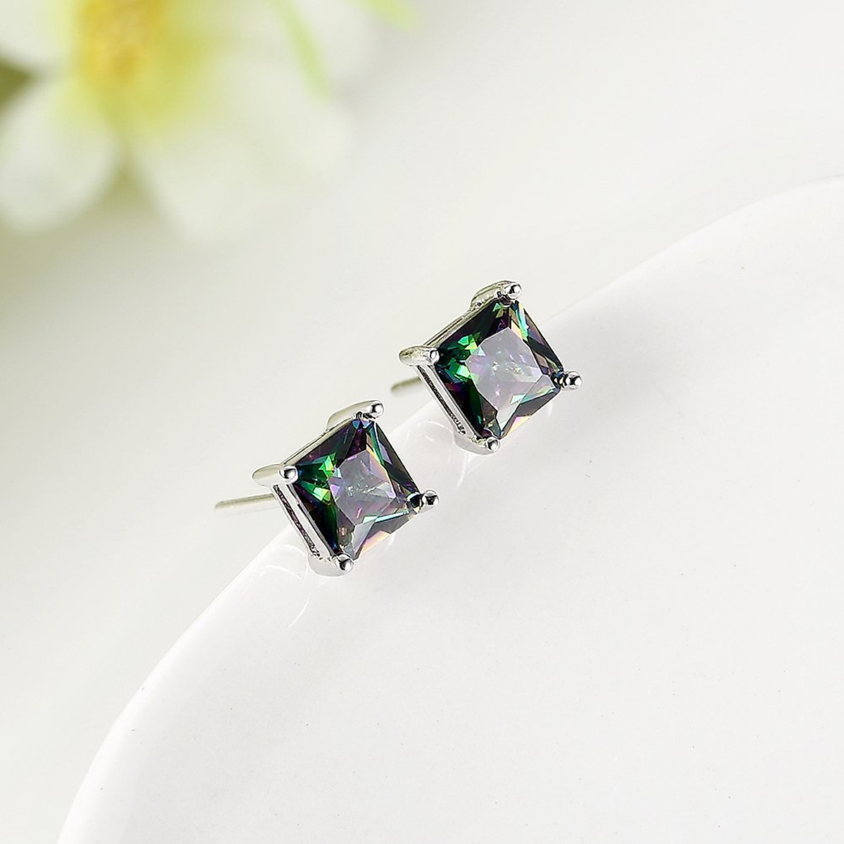 18K White Gold Plated Multicolor Black Cubic Zirconia Stud Earrings for Women Teen Girls Jewelry