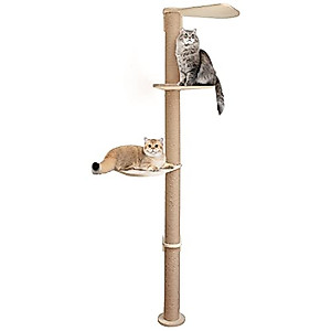 Wood Cat Tower Floor to Ceiling Adjustable, Cat Tree Tall Cat Scratching Post, Cat Wood Tree with 3-Tier Floor for Climb, Cat Climbing Tower Vertical with Natural Sisal Rope