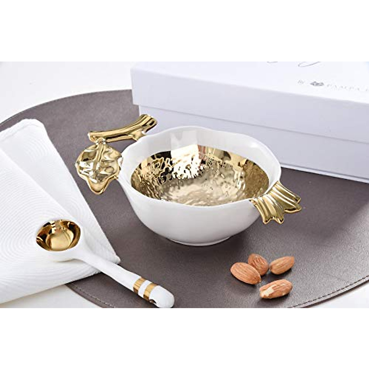 Pampa Bay Get Gifty Bowl and Spoon Set for Soup, Snacks, Nuts and More, Gold Pomegranate