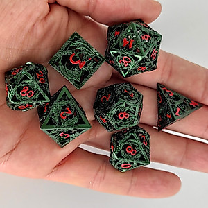 FOXBITE Green Hollow metal 7 Pcs Metal Dice Set D&D Dice Set, Polyhedral Dice Set for Dungeons and Dragons Dice, Blood Spattered Role Playing Dice Set, D+D RPG D and D Dice D20 D12(Rogue)