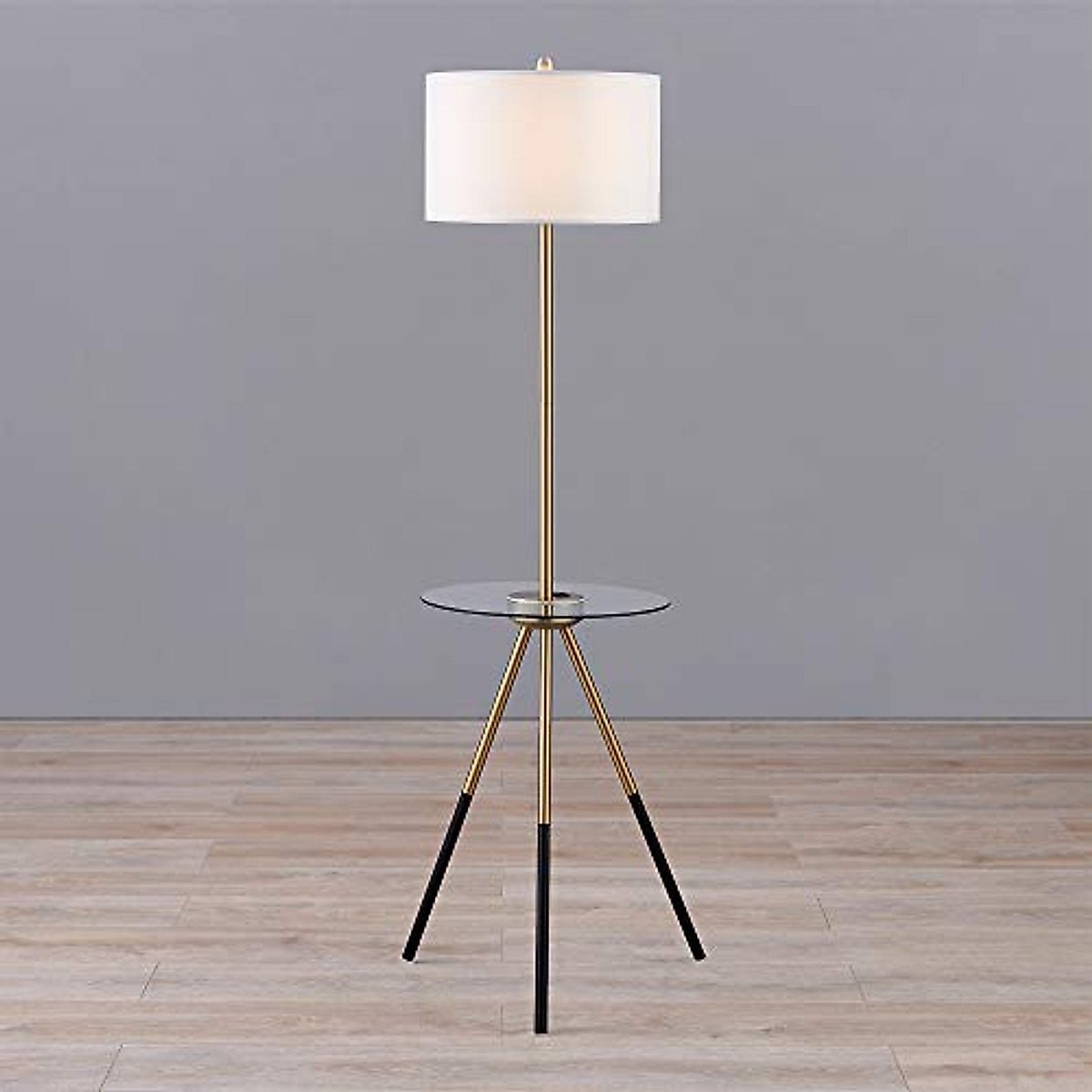 Teamson Home Modern Reading Tripod Floor Lamp Standing Light with USB Port and Glass Table White Shade Black Finish