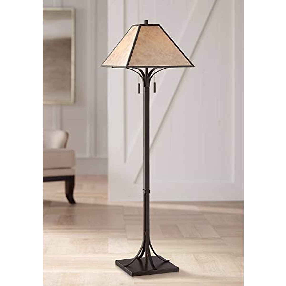 Franklin Iron Works Duarte Mission Rustic Farmhouse Style Standing Floor Lamp 61.75" Tall Oil Rubbed Bronze Metal Tapering Square Light Mica Shade Decor for Living Room Reading House Bedroom Home