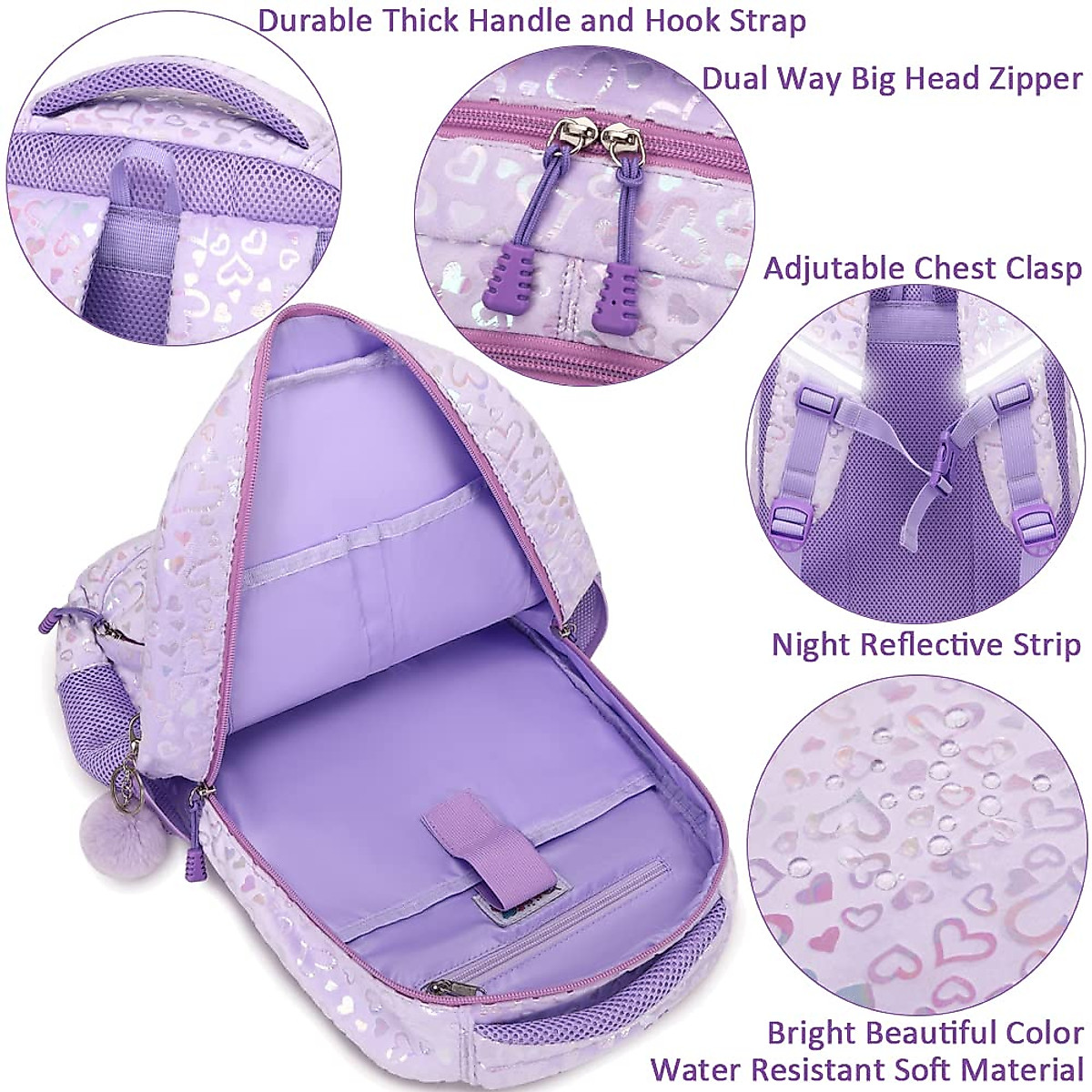 Meisohua Backpack Set for Girls School Backpack for Kids Preschool Kindergarten Elementary School Bookbag with Lunch Bag 3 in 1 Set Water Resistant Furry Backpack