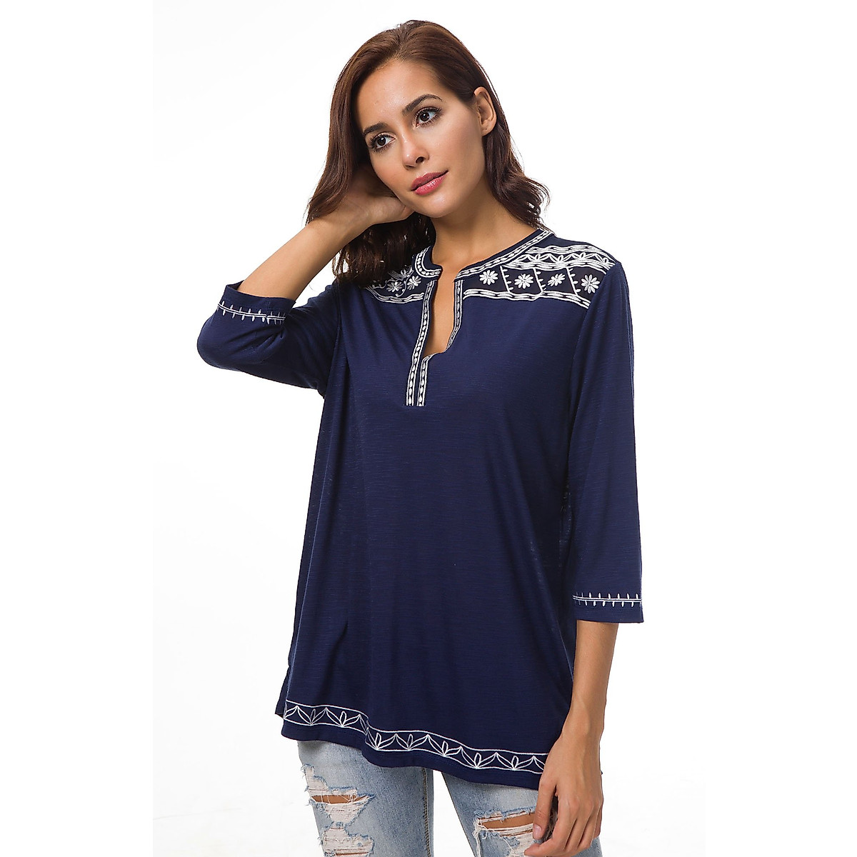 Women's Summer Tops Boho V-Neck Embroidery Short Sleeve Blouses for Women Fashion Navy Blue