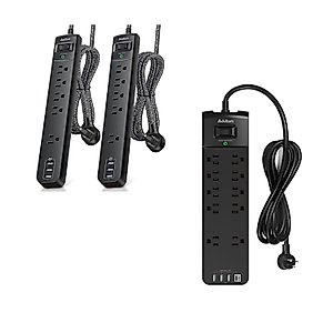 2 Pack Power Strip Surge Protector, 5 Widely Spaced Outlets 3 USB Charging Ports & Power Strip Surge Protector with 10 Outlets and 4 USB Ports