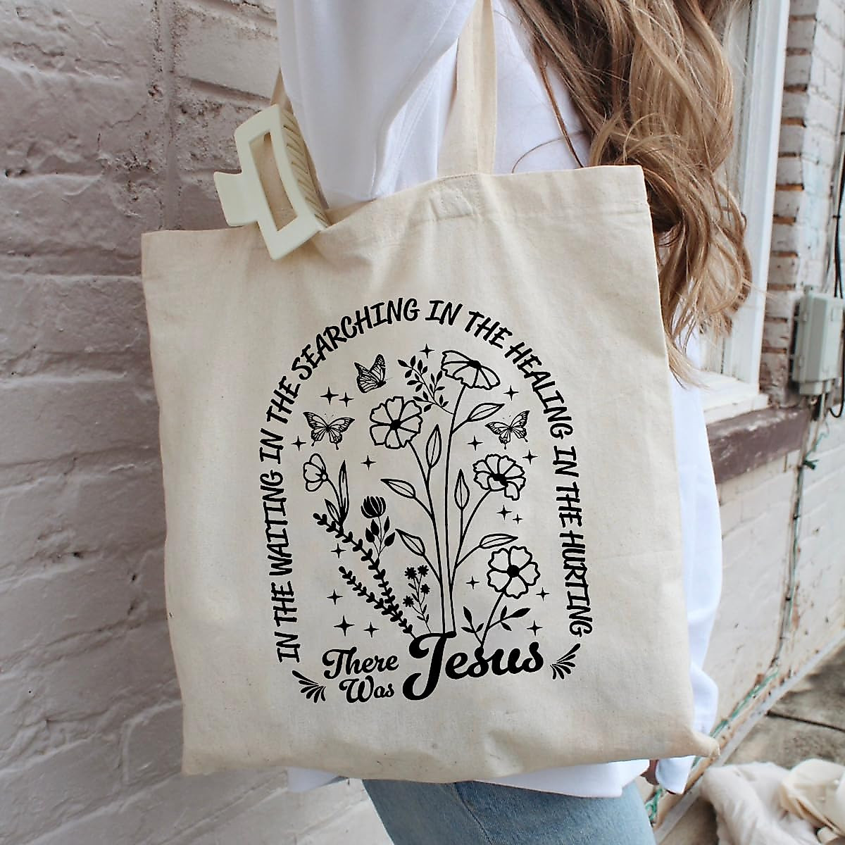 Haukea Canvas Bible Tote Bag Aesthetic for Women Cute Flower Butterfly Christian Gifts Tote Bags with Zipper Pockets Graphic Church Bag