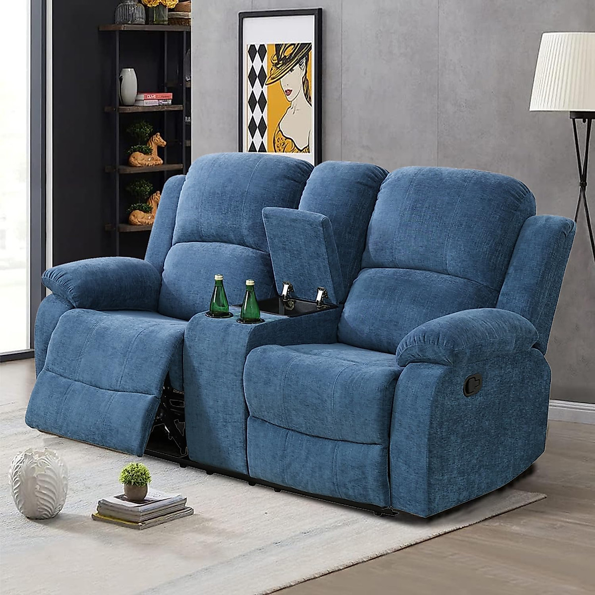 SIENWIEY Blue Linen Fabric Reclining Sofa for Living Room Furniture, Double Recliner Loveseat 2 Seats Couch with Storage Console/Two Cup Holders/Linen Fabric