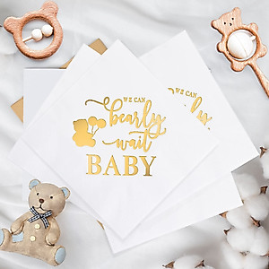 Crtiin 100 Pcs We Can Bearly Wait Baby Shower Napkins, Baby Shower Decorations for Boy, Bear Favors Napkins Cocktail Dessert Disposable Napkin Paper for Boy or Girl Party Supplies, White Gold