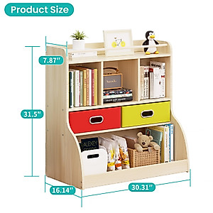 EXPERLAM Wood Toy Storage Organizer with Bookcase, 4-Tier Kids Bookshelf with 2 Movable Drawers, Kids Bookshelf and Toy Storage, Kid’s Multi Shelf Cubby & Book Shelf for Playroom, Bedroom, Burlywood