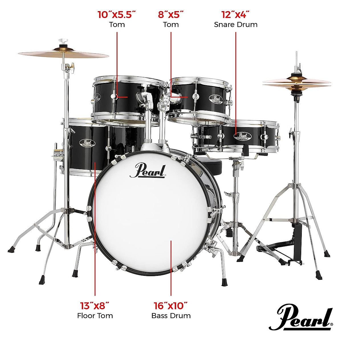 Pearl Roadshow Jr. 5 Piece Drum Set with Hardware and Cymbals, Gindstone Sparkle (RSJ465C/C708)
