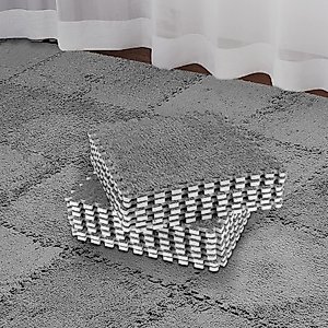 Nuanchu 50 Pcs Plush Foam Interlocking Floor Mat Climbing Area Rugs 11.81 x 11.81 Inch Square Soft Fluffy Tiles with Border Play Mat Flooring Tiles for Home Playroom Decoration (Gray)