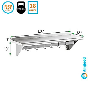AmGood 12" x 48" Stainless Steel Wall Mounted Pot Rack with Shelf | NSF Certified