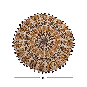 Creative Co-Op 16" Round Cotton Embroidered Pom Trim Pillow, Grey & Brown