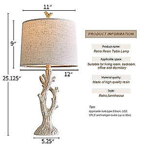 OYEARS 26.25" Farmhouse Table Lamp Set of 2 for Living Room Bedroom Resin Bedside Tree Lamp Nightstand End Table Lamps Vintage Natural Style（Brown）