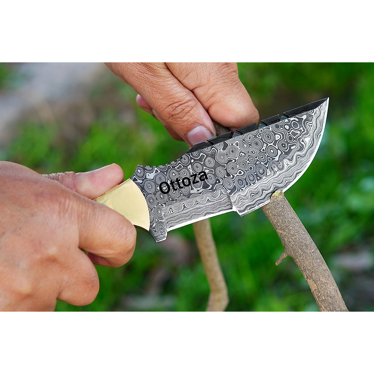 Ottoza Tracker Knife & Bone Handle - Damascus Hunting Knife - Horizontal Carry Knife Sheath 198