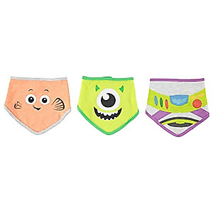Disney Baby Unisex Bandana Bib 3-Pack - Baby Bibs Featuring Buzz Lightyear, Mike Wazowski & Marlin (Orange/Green/Grey, 0-12M)