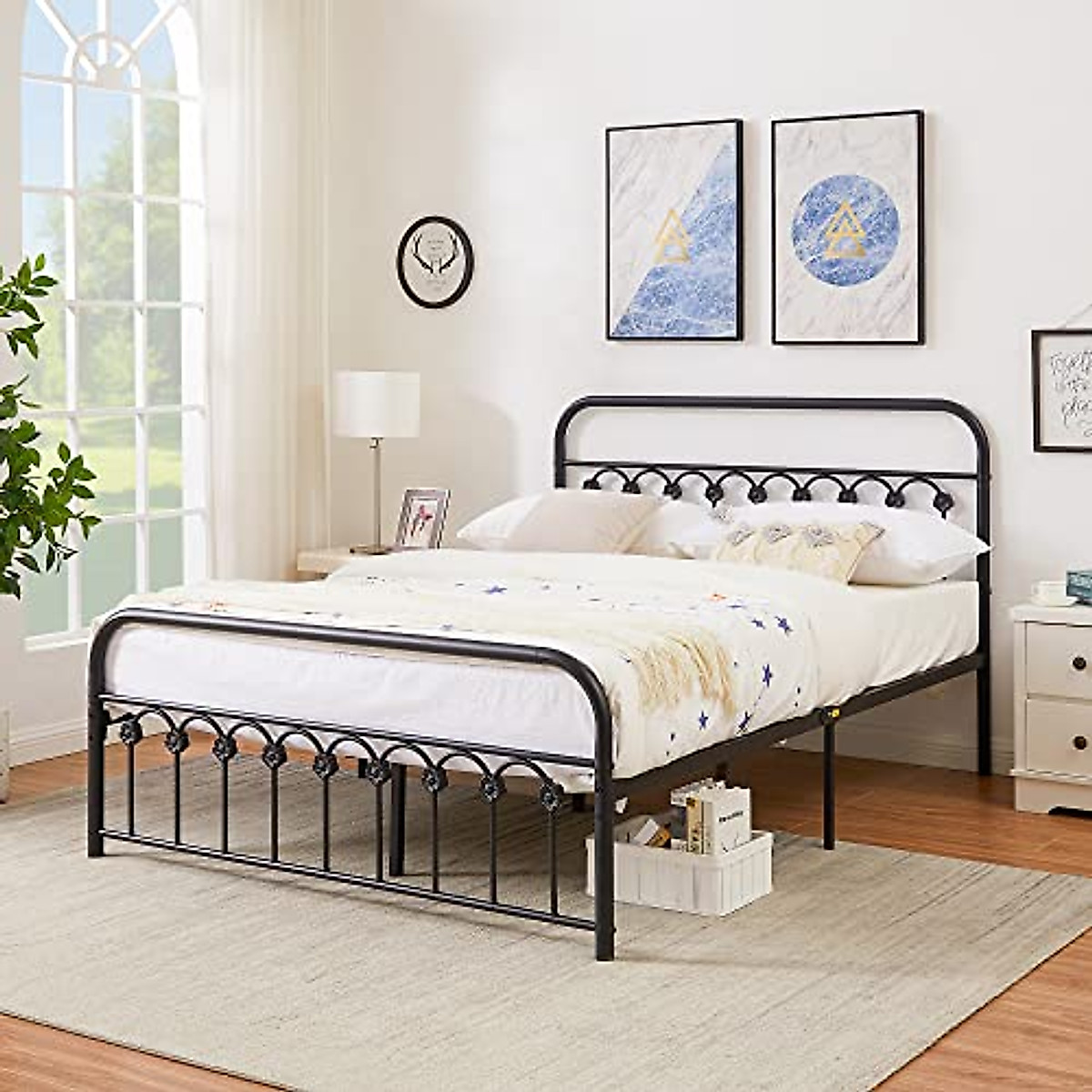 VECELO Bed Frame, Queen Size Metal Platform with Headboard & Footboard, Premium Steel Slat Support Mattress Foundation,No Box Spring Needed