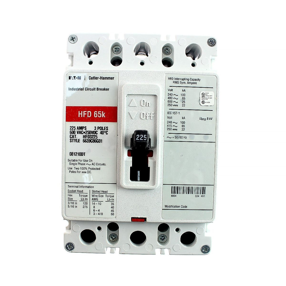 Eaton HFD3225 Circuit Breaker,225A,3P,600VAC,HFD