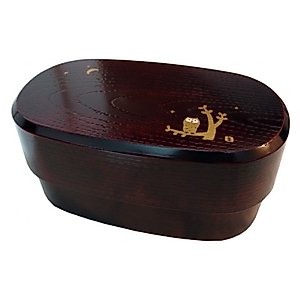 たつみや HAKOYA Range Club 51120 Men's Oval Wood Grain Bento Box, Tochi-Wood Owl