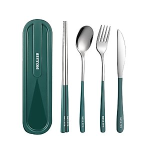 INKULEER Travel cutlery set, 18/8 stainless steel cutlery, Reusable utensils set with case, Portable Silverware Lunch Box for Camping and Office