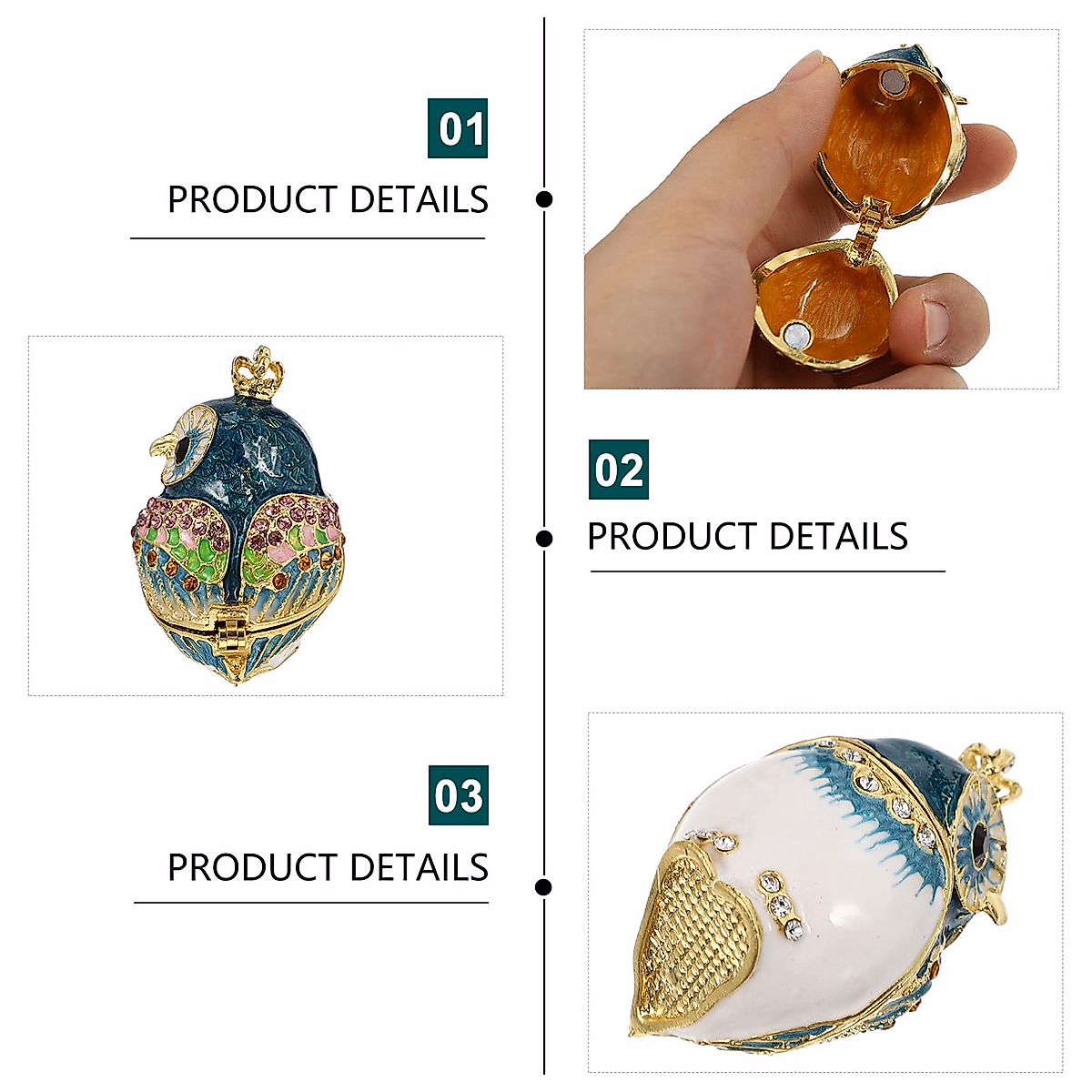 VOSAREA Owl Trinket Box Hand Painted Metal Hinged Jewelry Box Enameled Crystals Rings Earrings Necklace Storage Container Animal Figurine Collectible for Home Decor Blue