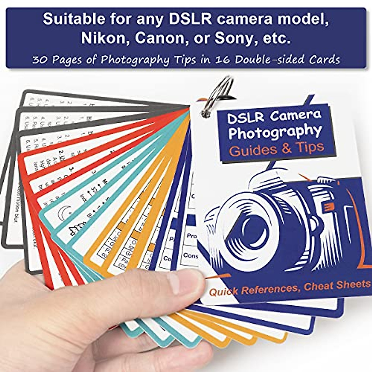 Photography Accessories DSLR Cheat Sheet Cards for Canon, Nikon, Sony, Camera Accessories Quick Reference Cards Photography Guides & Tips: Settings, Exposure, Modes, Composition, Lighting etc 4×3 inch