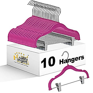 Quality Kids Children's Plastic Non Velvet Non-Flocked Thin Compact Skirt Pant Coat Hangers with Metal Clips for Skirts Pants Blouses 360° Swivel Hook, Jacket, Shirt, Legging, Suit Hangers (Pink, 10)