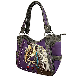Zelris Dakota Dales Pony Horse Embroidery Mane Western Country Women Conceal Carry Tote Purse with Matching Wallet Set (Purple)