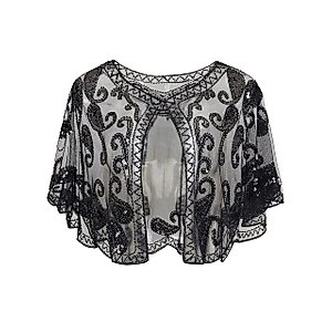 BABEYOND 1920s Shawl Wraps Beaded Evening Cape Bridal Shawl Flapper Cover Up (Black)