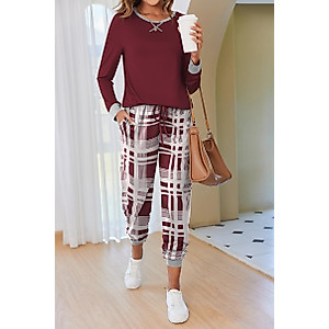 Ekouaer Women's Long Sleeve Pj Soft Crew Neck Pajama Long Sleeve Sweatshirt with Long Pants Red Plaid,Medium