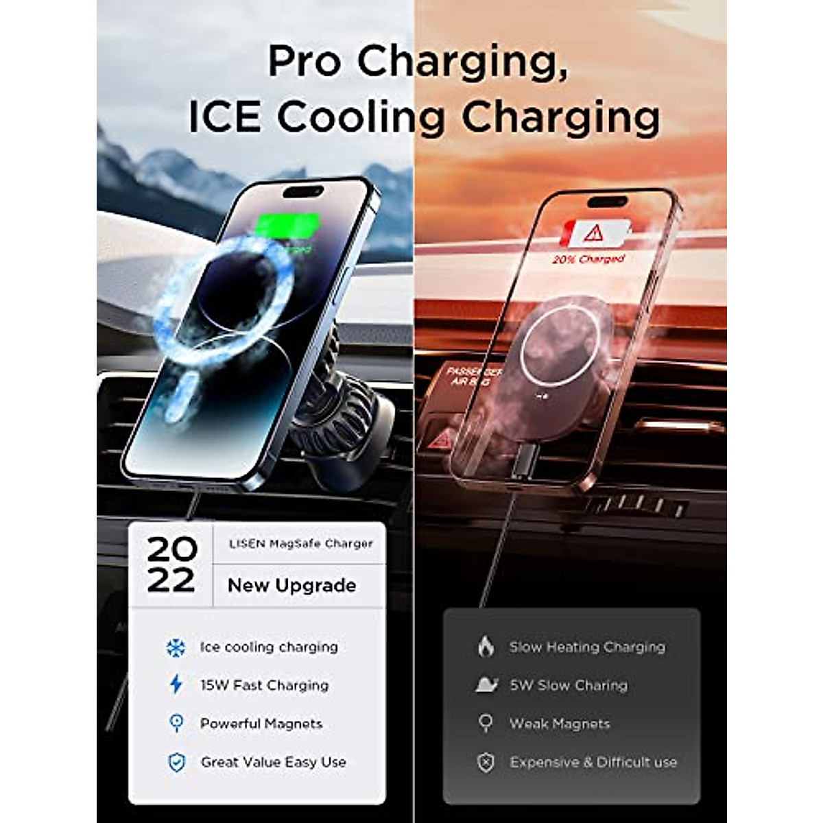 LISEN for MagSafe Car Mount Charger, [Ice Cooling Charging] 15W Wireless Phone Car Charger Mount, Hands Free iPhone Car Holder Mount Fit for iPhone 14 13 12 Pro Max Plus Mini MagSafe Case