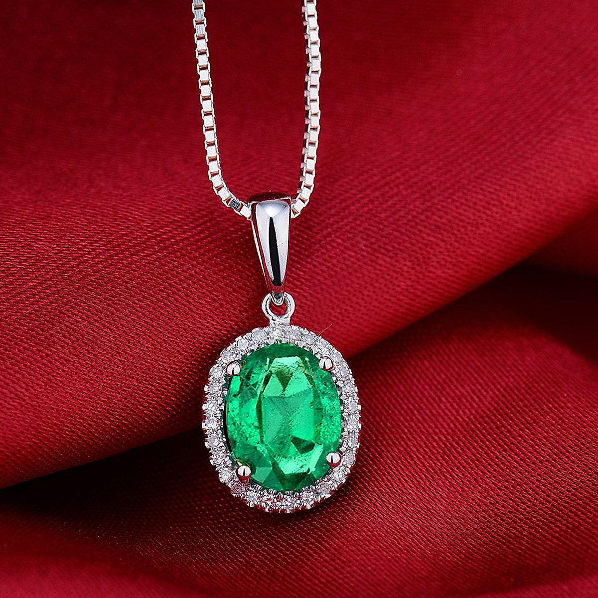Lanmi 14K White Gold Natural Green Emerald Diamond Pendant Necklaces Engagement Valentine's day Gift for Women Valentine's Day Gift Promotion