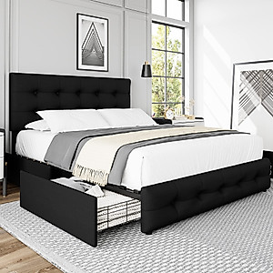 Full Size Bed Frame with 4 Storage Drawers and Adjustable Headboard, Upholstered Platform Bed with Button Tufted Design, Strong Wooden Slats Support, No Box Spring Needed, Black