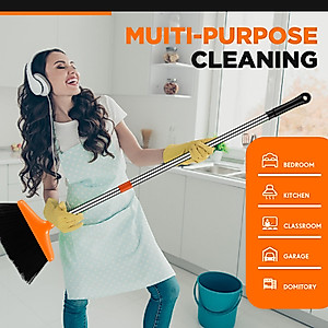 Tioncy Heavy Duty Broom and Dustpan Set 2 Plus 1 Set with Comb Commercial Windproof Stand up Broom Outdoor Indoor for Courtyard Garage Lobby Mall Market Floor Kitchen Home Office Pet Hair Rubbish