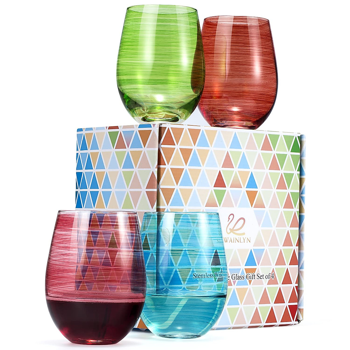 SWAINLYN Colored Stemless Wine Glass Set of 4, No Stem Cocktails Glasses Set Large 18 oz Hand Painted Colored Drinking glasses, Ideal for Cocktails, Scotch, Margarita, Tumblers with Sturdy gift box