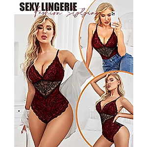 Avidlove Lingerie Bodysuit for Women Floral Lace Teddy One Piece Babydoll Mini Babydoll (Red,L)