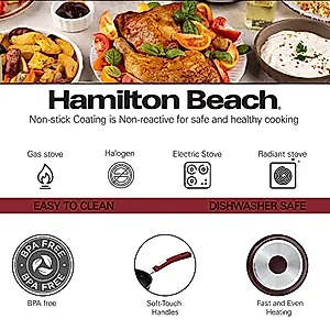 Hamilton Beach 12" Fry Pan Nonstick Coating, Aluminum Frying Pan with Nonstick for Stove Top with Soft Touch Bakelite Handle, Durable Scratch Resistant & Safe Nonstick Cookware - Dishwasher Safe - Red