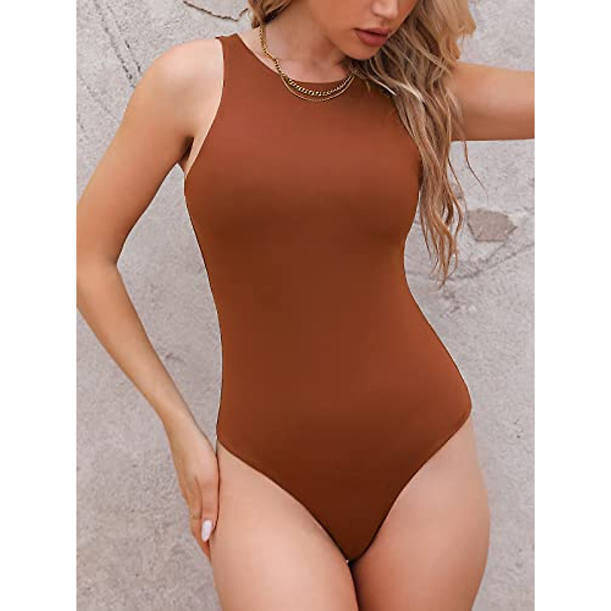 Degkim sexy bodysuit for women Halter Neck shapewear bodysuits trendy tank tops 2 pack Olive Caramel M