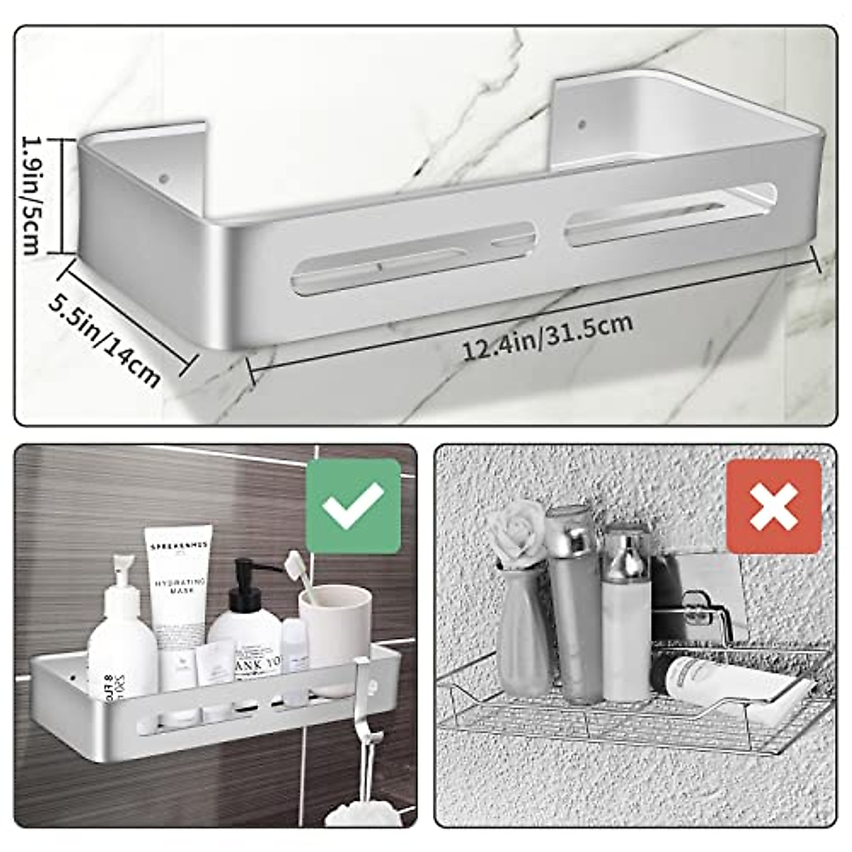 Shower Caddy, 2 Packs Shower Shelf No Drilling, Adhesive Shower Rack Wall Mounted with 4 Hooks, Rustproof Bathroom Shower Storage Organizer