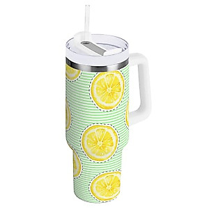 DIGTIA Stainless Steel Insulated Tumbler w/Handle & Straw, Lemons Yellow Double Wall Vacuum Travel Coffee Mug Cup w/Lid, Leak-Proof Sports Fruit Water Bottle,30oz