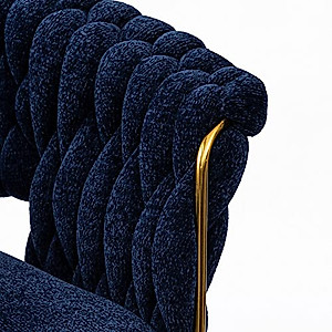Modern Dining Chairs Chenille Upholstered Dining Chairs with Arms, Knot Woven Living Room Accent Chairs with Gold Metal Legs, Mid-Century Makeup Vanity Chair for Dining Room, Kitchen Bedroom (Blue)