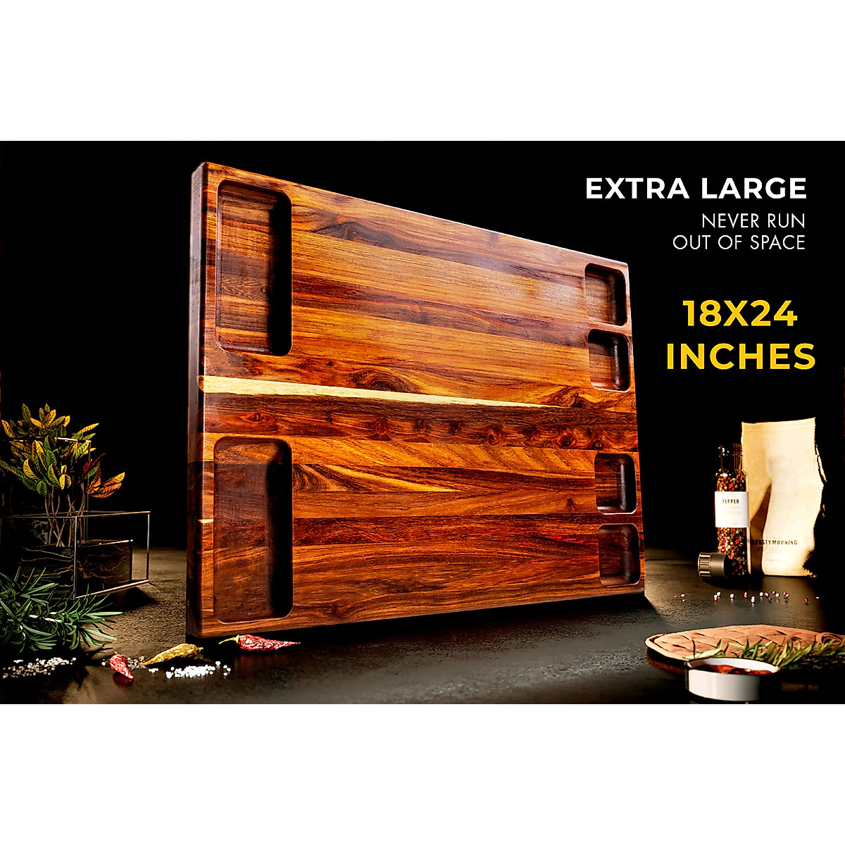 WuudCo Butcher Block Cutting Board | 18x24 Large Board for Meat Cutting, Large Charcuterie Board, Teak Handmade Cutting Boards, Thick Best Wood Cutting Board