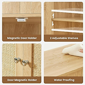 Iwell Storage Cabinet, Rattan Cabinet with 4 Rattan Doors & Adjustable Shelf, Bathroom Floor Cabinet for Living Room, Entryway, Home Office, Natural