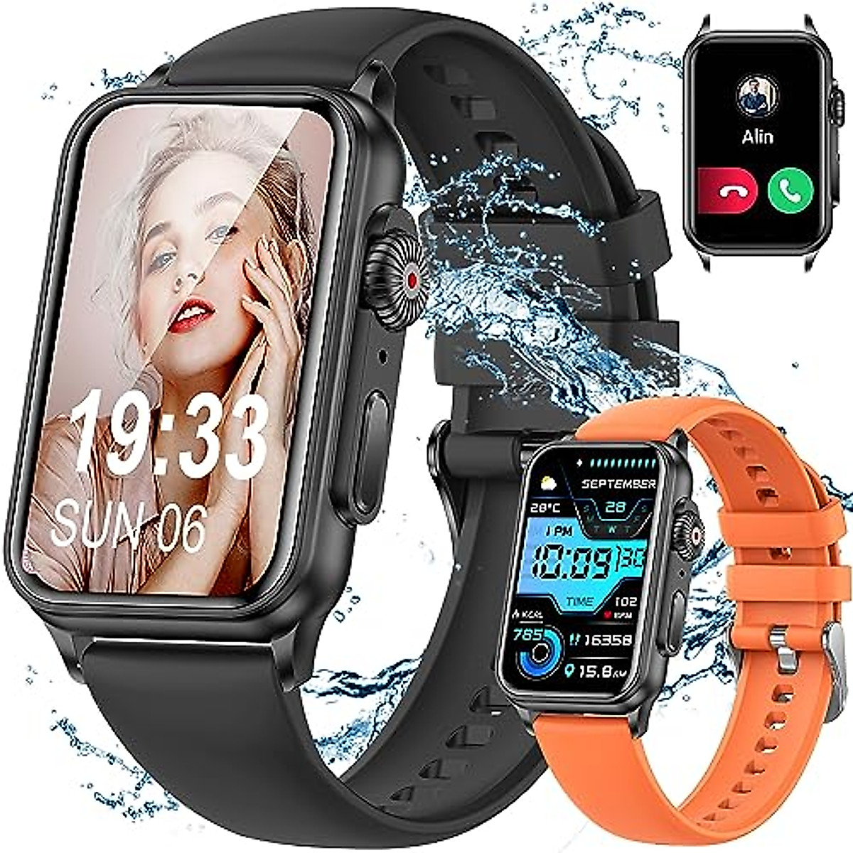 Smart Watches for Women Men with Call, Smart Watch Fitness Tracker With Blood Oxygen Blood Pressure and Sleep Monitor, 1.57'' Full Touch Screen IP68 Waterproof, for Android IOS Phone(with 2 bands)
