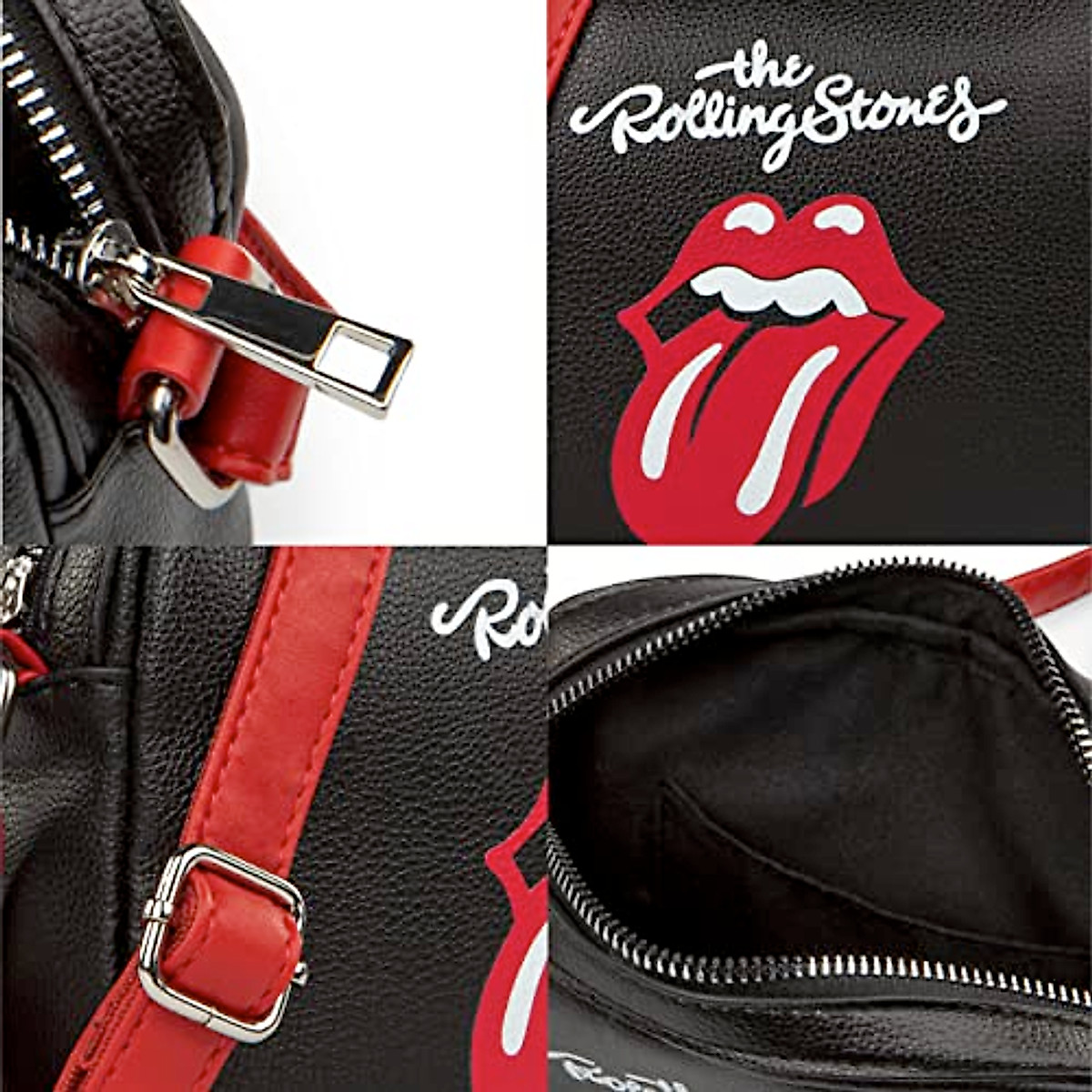 Rolling Stones Majesties Collection Crossbody Bag for Women, Men, Girls, and Teens, Officially Licensed Lightweight Vegan Leather Purse for Travel, Fits Phone, Wallet, and More, Black/Red