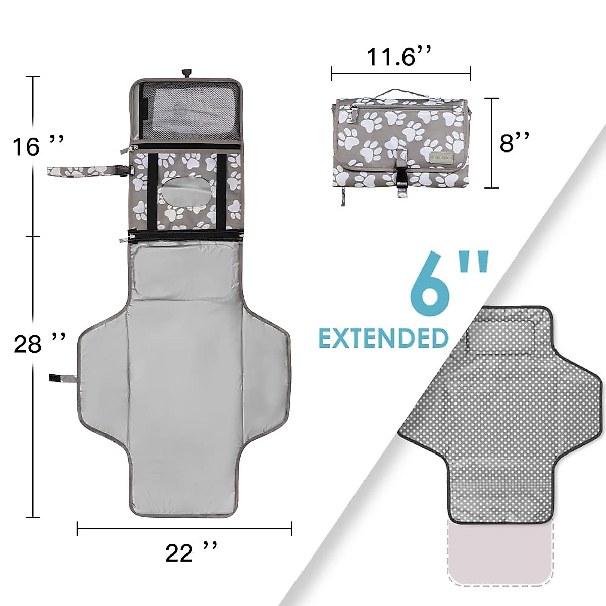 Portable Baby Diaper Changing Pad, hogardeck Waterproof Travel Changing Table Pad for Newborn, Extended Cushioned Changing Mat with Head Pillow and Baby Stuff Pockets, Baby Shower Gifts
